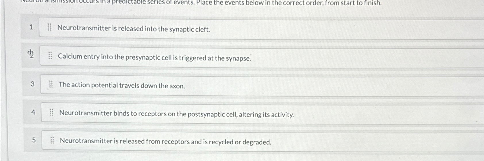 Solved 1 ﻿:: Neurotransmitter is released into the synaptic | Chegg.com