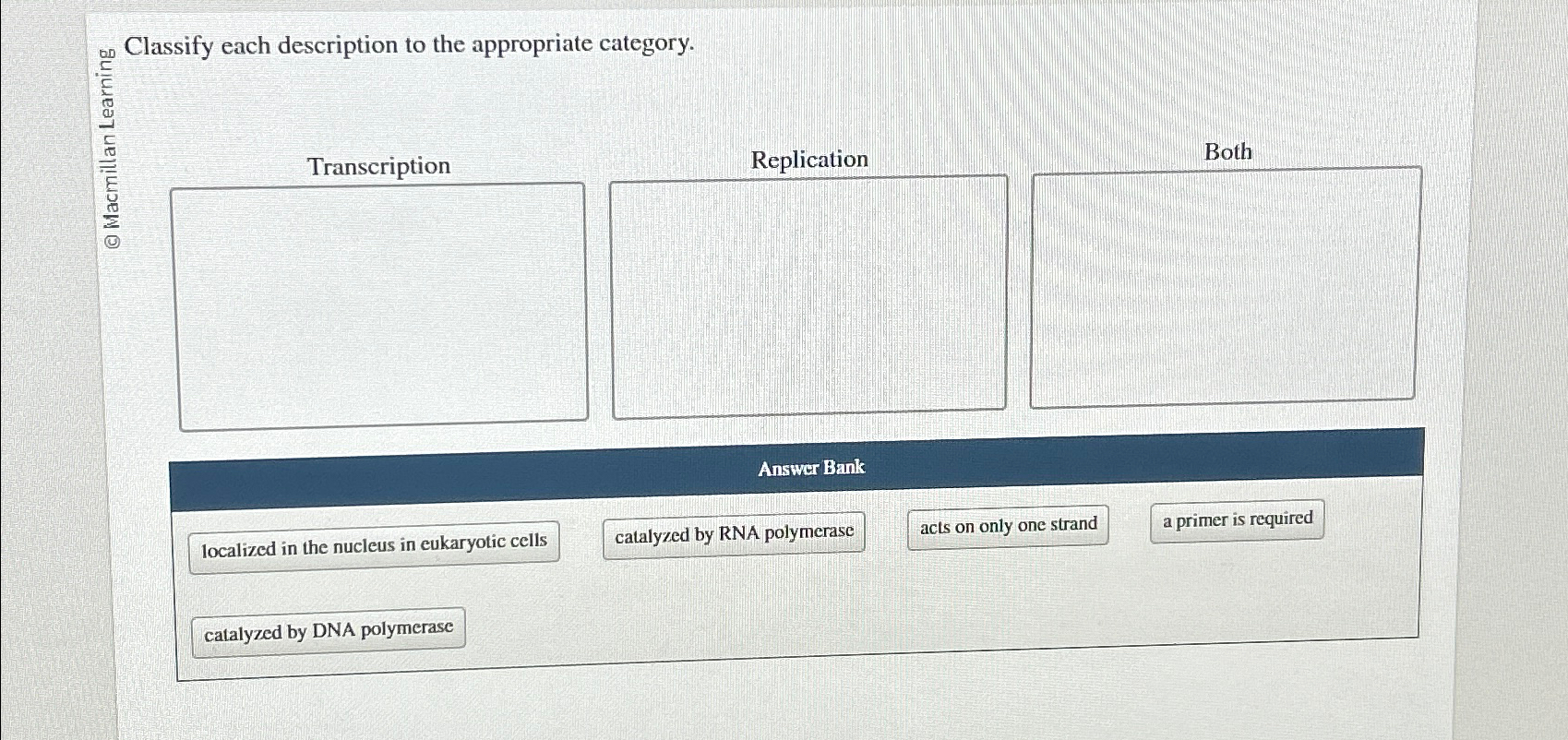 Solved Classify each description to the appropriate | Chegg.com