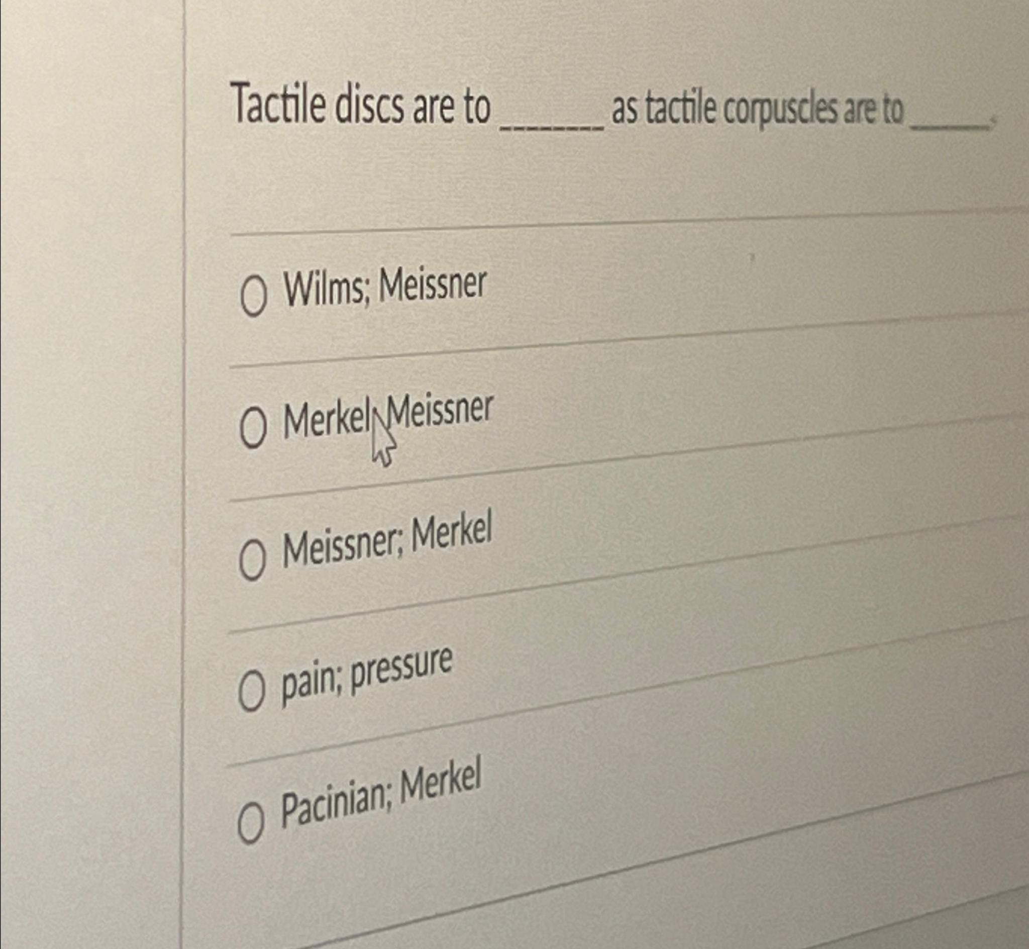 Solved Tactile discs are to as tactile corpuscles are | Chegg.com