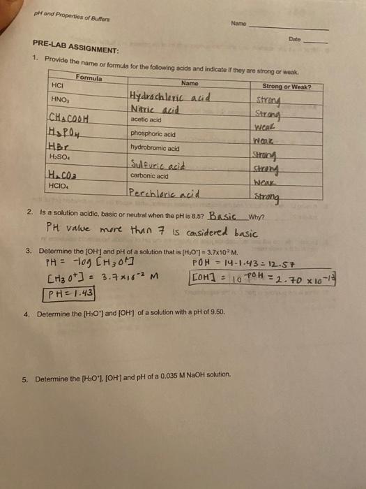 Solved ph and Properties of Buffers Name Date PRE-LAB | Chegg.com