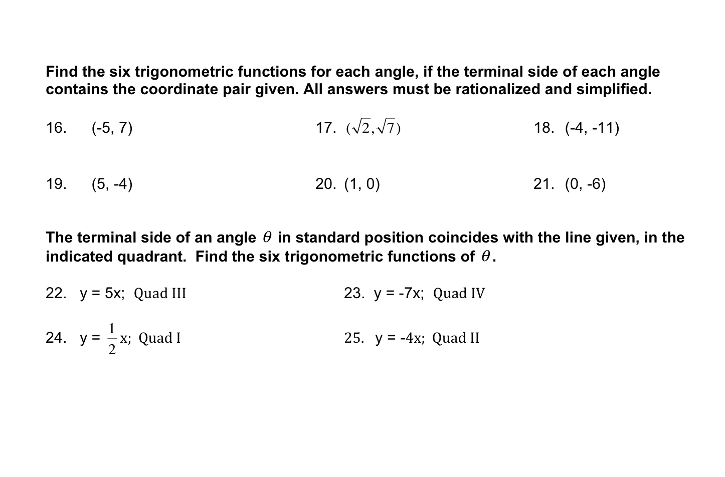 Solved Find the six trigonometric functions for each angle, | Chegg.com