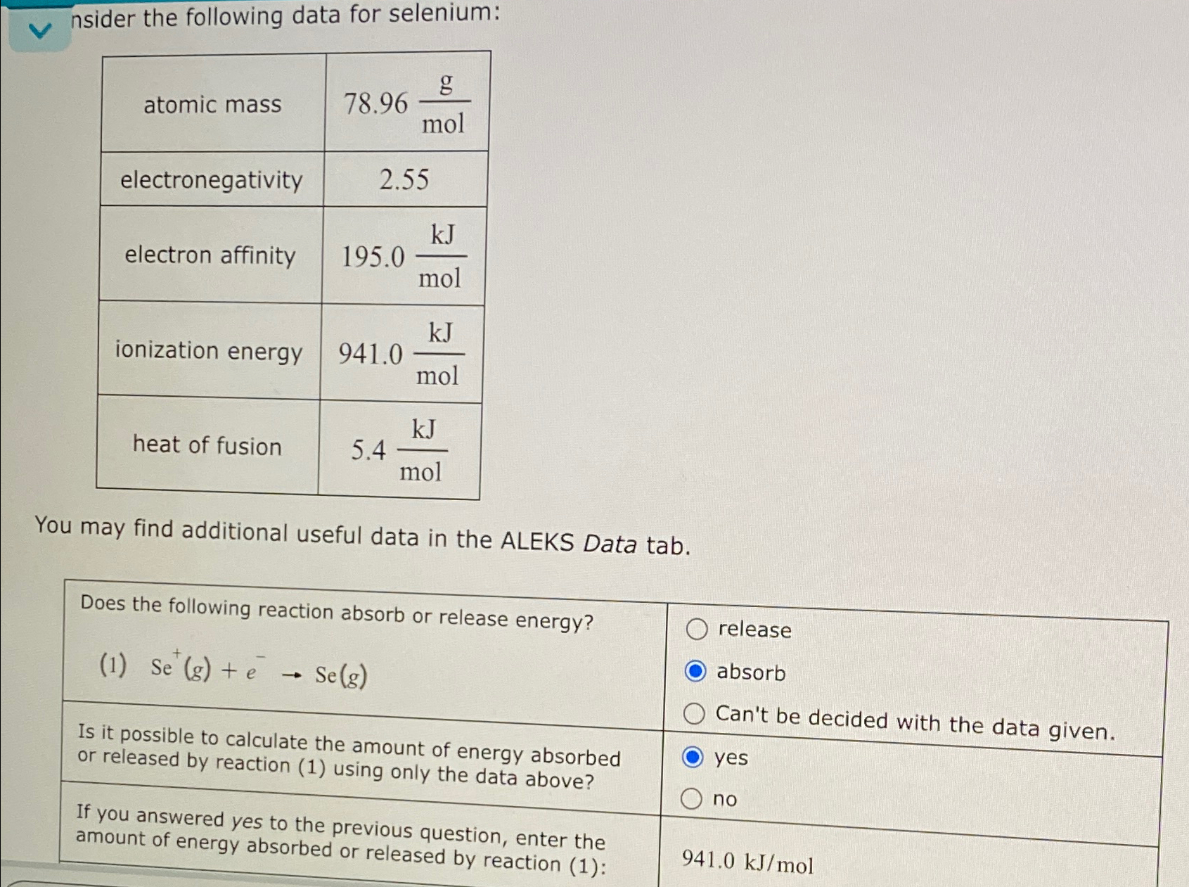 Solved Consider the following data for selenium: | Chegg.com