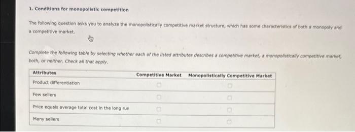 Solved 1. Conditions for monopolistic competition The | Chegg.com