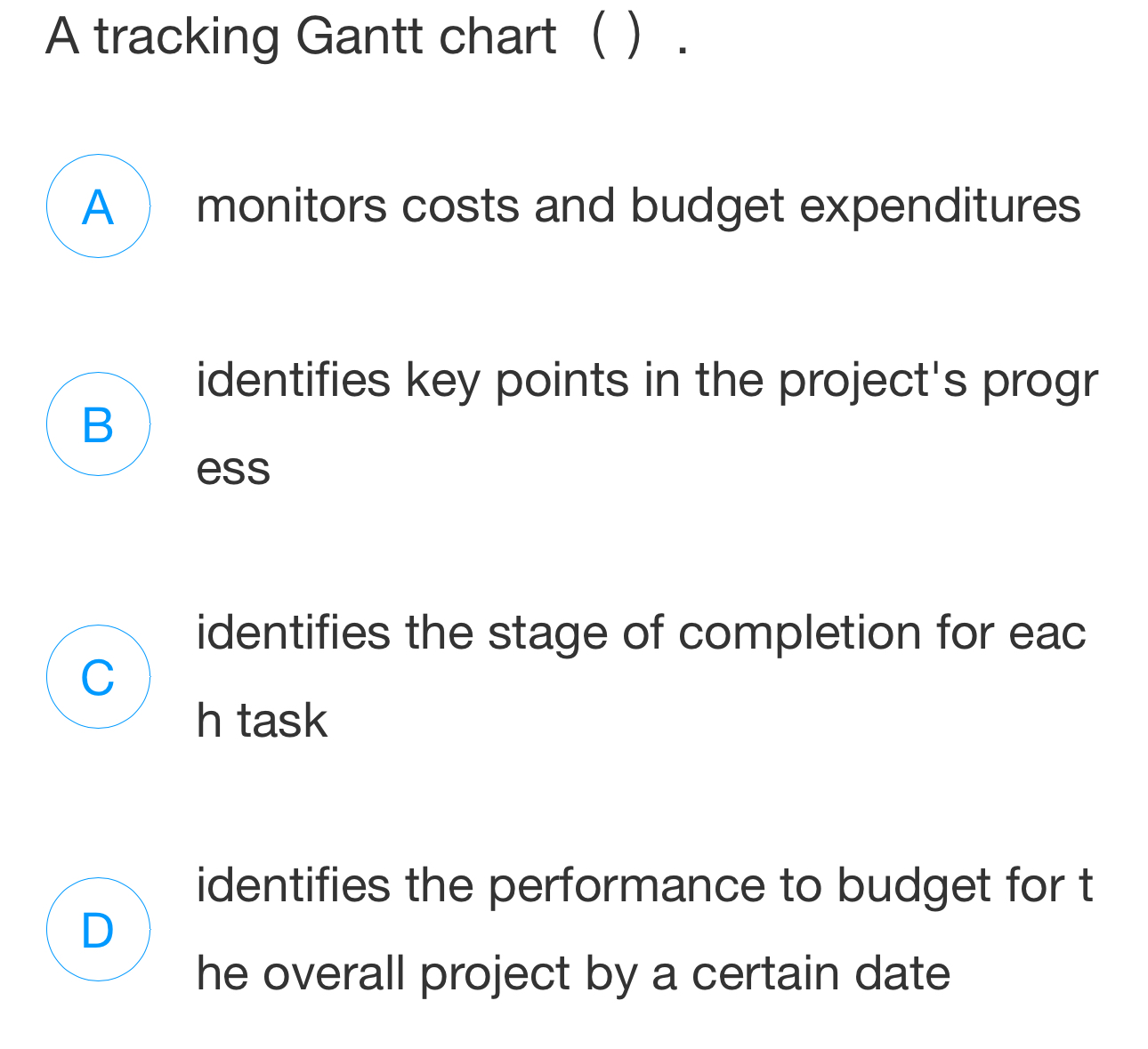Solved A tracking Gantt chart ( ).monitors costs and budget | Chegg.com