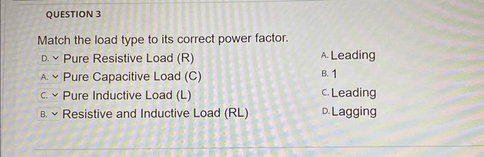 Solved Match the load type to its correct power factor. Pure | Chegg.com
