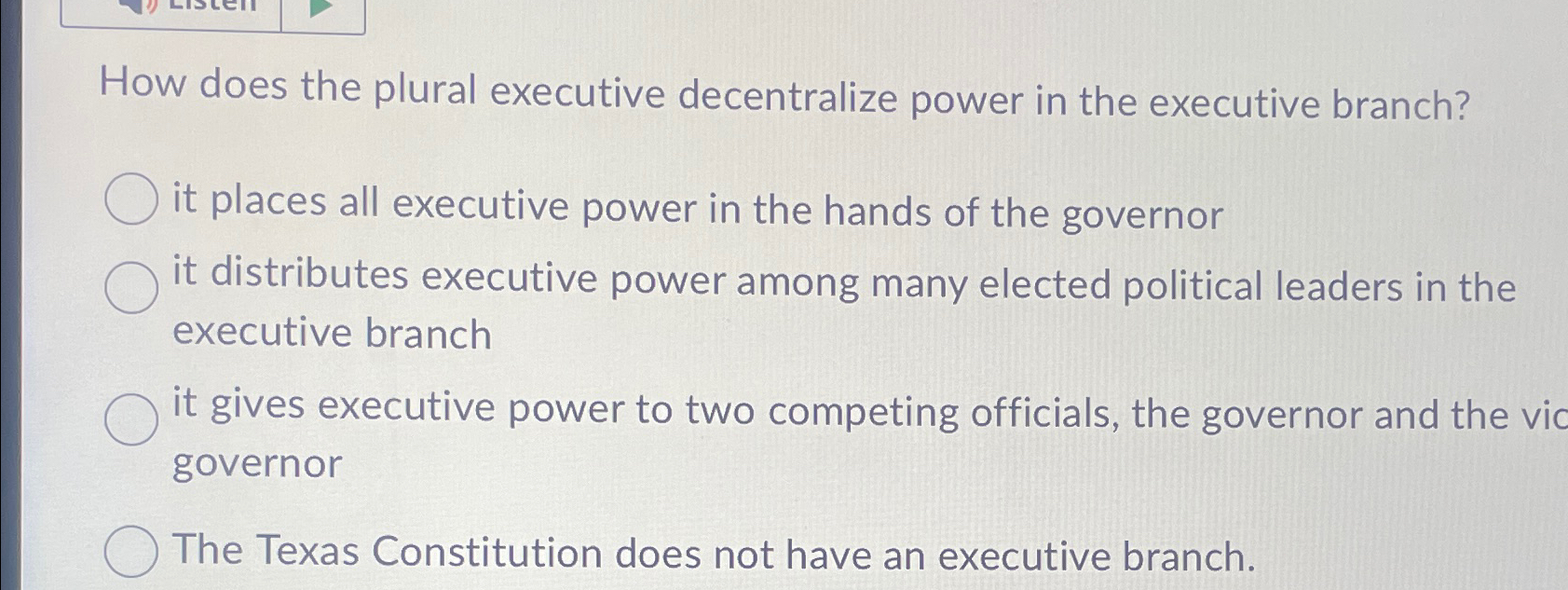 Solved How does the plural executive decentralize power in | Chegg.com