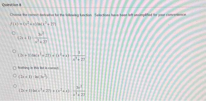 Solved Choose the correct derivative for the following | Chegg.com