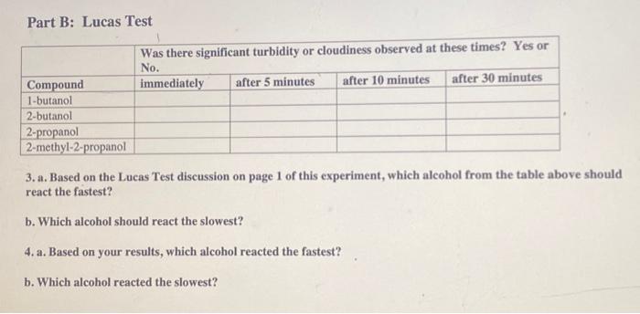 Solved B: Lucas Test Chemicals: 1-butanol, 2-butanol, | Chegg.com