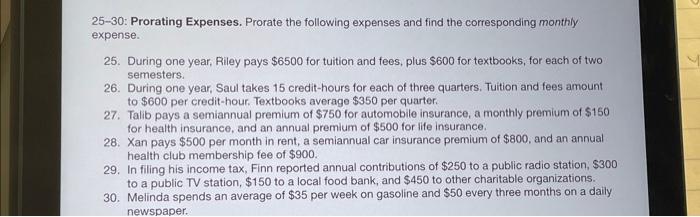 25-30: Prorating Expenses. Prorate the following | Chegg.com