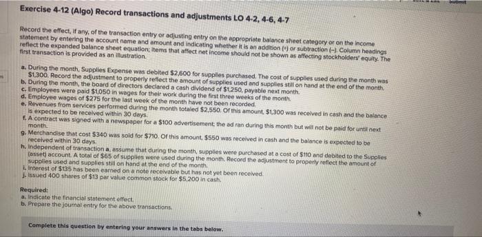 Solved Exercise 4-12 (Algo) Record transactions and | Chegg.com
