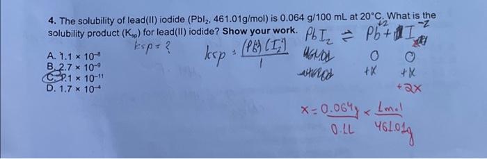Solved 4. The solubility of lead(II) iodide (Pbl2, | Chegg.com