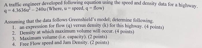 Solved A traffic engineer developed following equation using | Chegg.com
