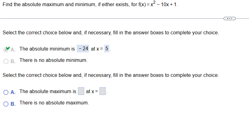 Solved Find the absolute maximum and minimum, if either | Chegg.com