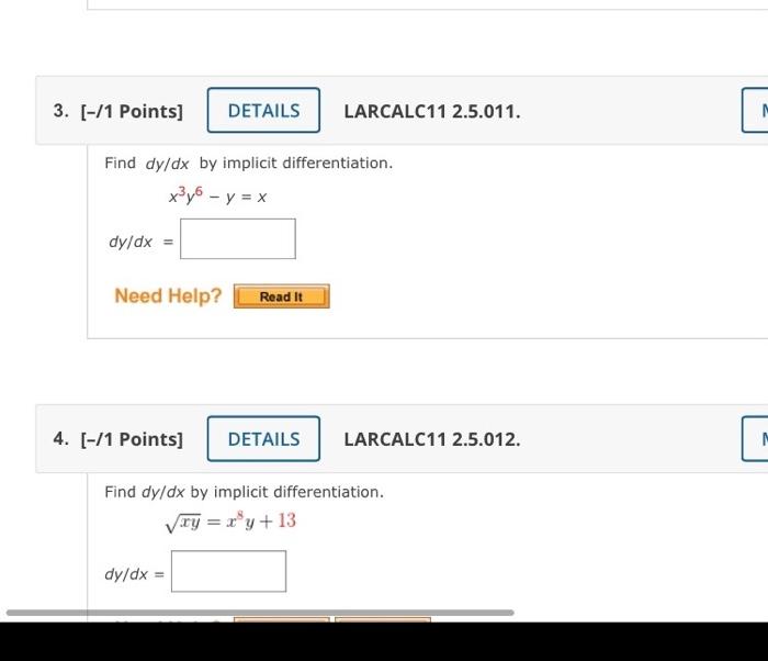 Solved find dy/dx by implicit differentiation LARCALC11 | Chegg.com