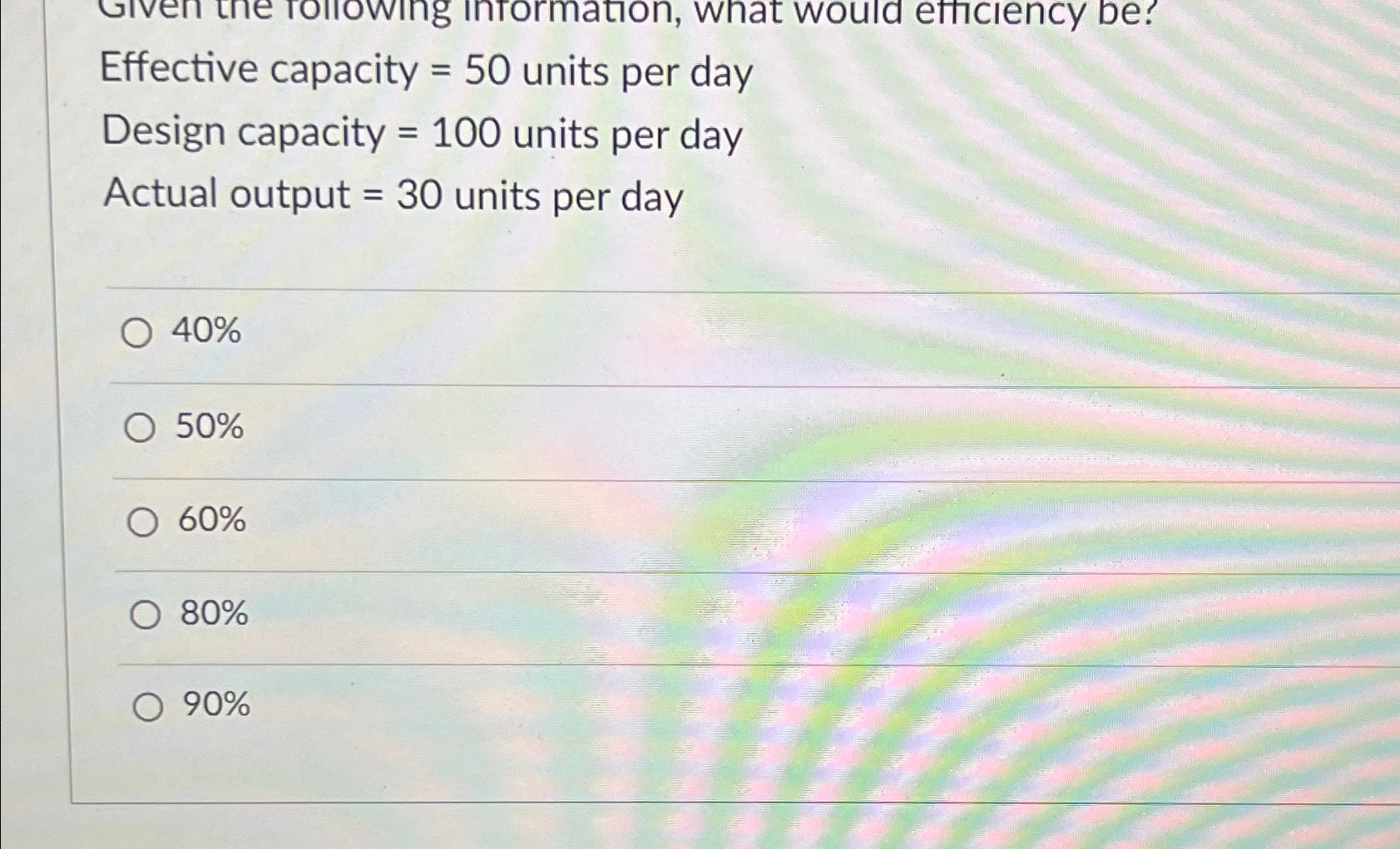 Solved Effective capacity =50 ﻿units per dayDesign capacity | Chegg.com