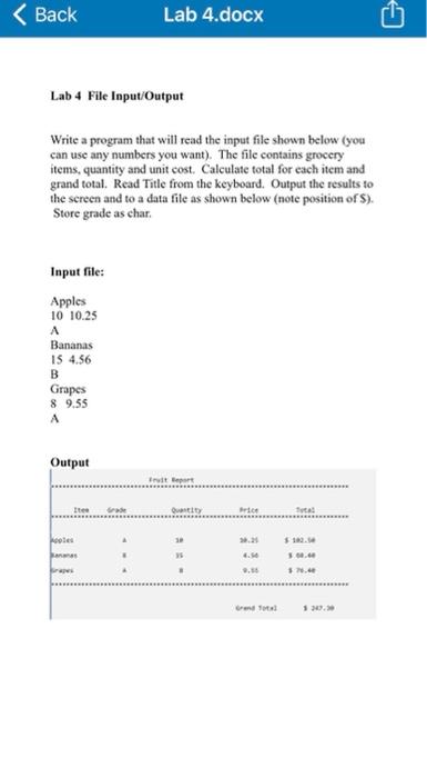 Solved Back Lab 4.docx Lab 4 File Input/Output Write a | Chegg.com