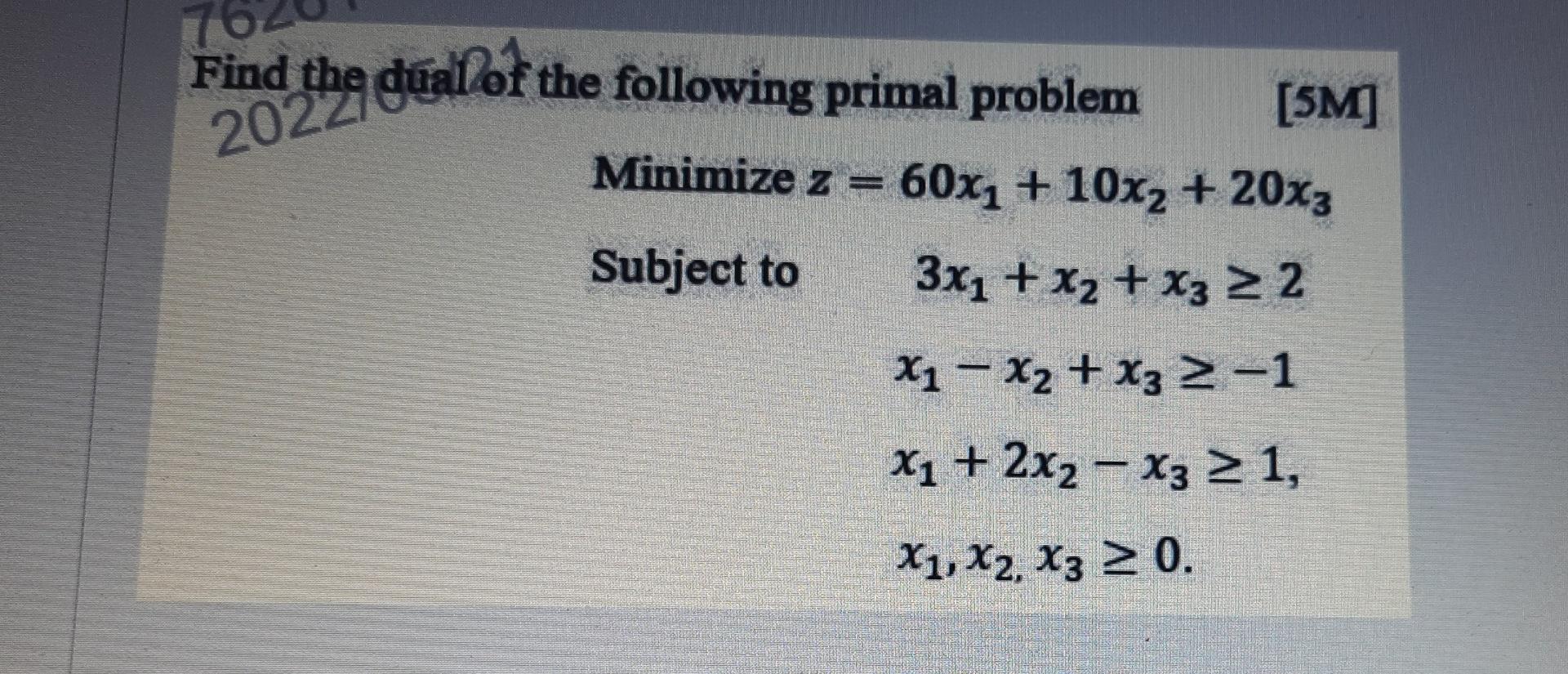 Solved Find the dual of the following primal problem | Chegg.com