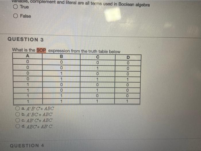 Solved variable, complement and literal are all terms used | Chegg.com