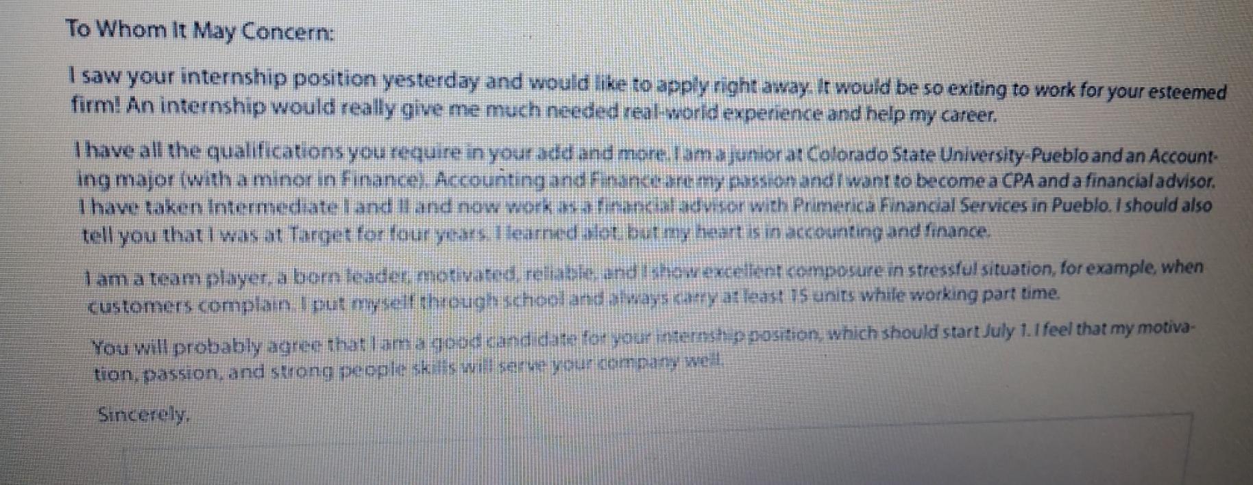 Solved To Whom It May Concern: I saw your internship | Chegg.com