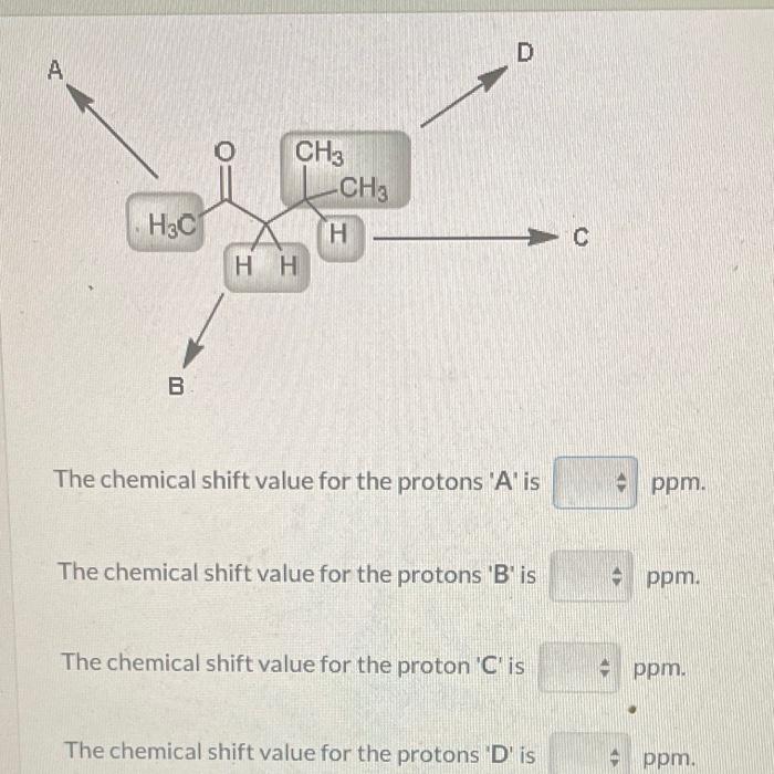 Solved D А. CH3 -CH3 H3C H C Η Η B The chemical shift value | Chegg.com