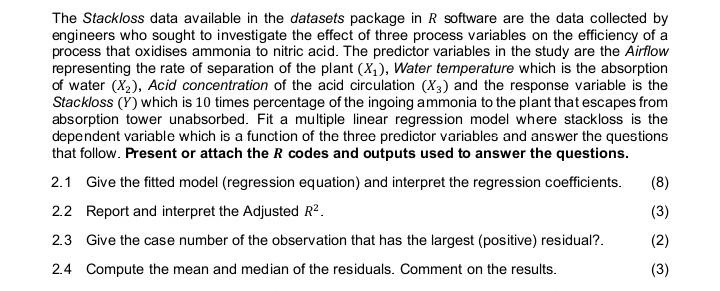 Solved The Stackloss data available in the datasets package | Chegg.com