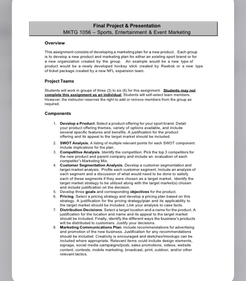 Solved Final Project & PresentationMKTG 1056 - ﻿Sports, | Chegg.com