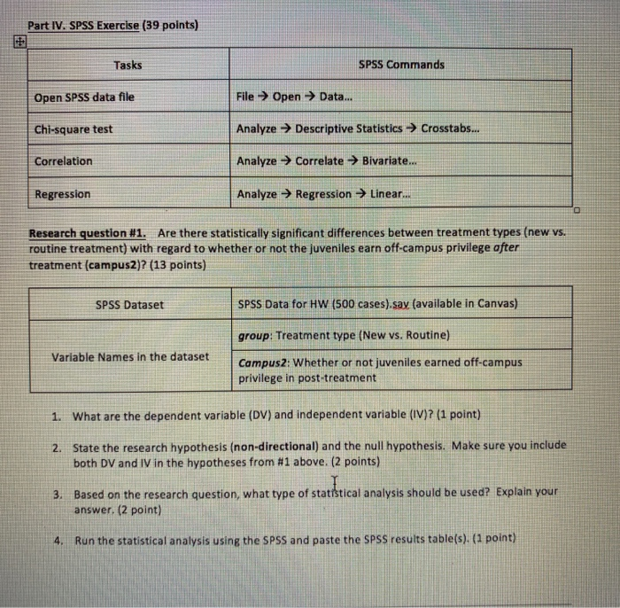 Part IV. SPSS Exercise (39 points) Tasks SPSS | Chegg.com