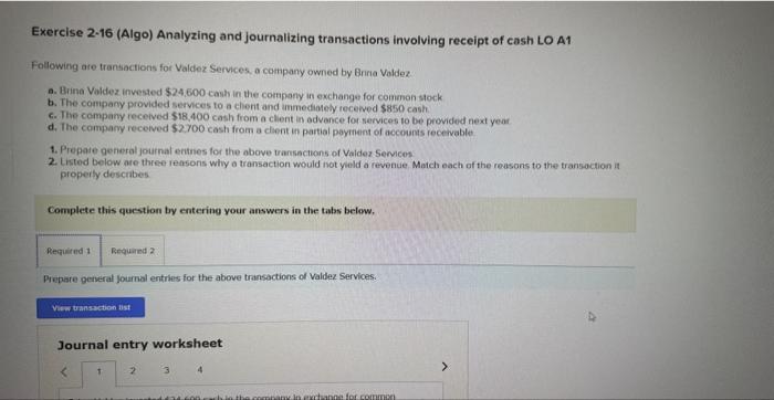 Solved Exercise 2.16 (Algo) Analyzing and journalizing | Chegg.com