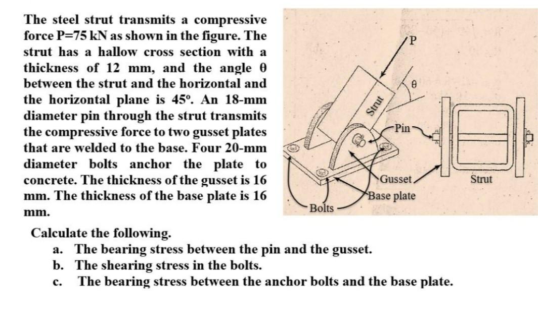 Solved P The steel strut transmits a compressive force P=75 | Chegg.com
