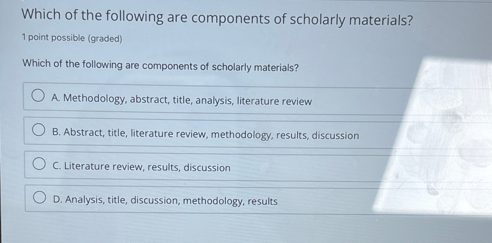 Solved Which of the following are components of scholarly | Chegg.com