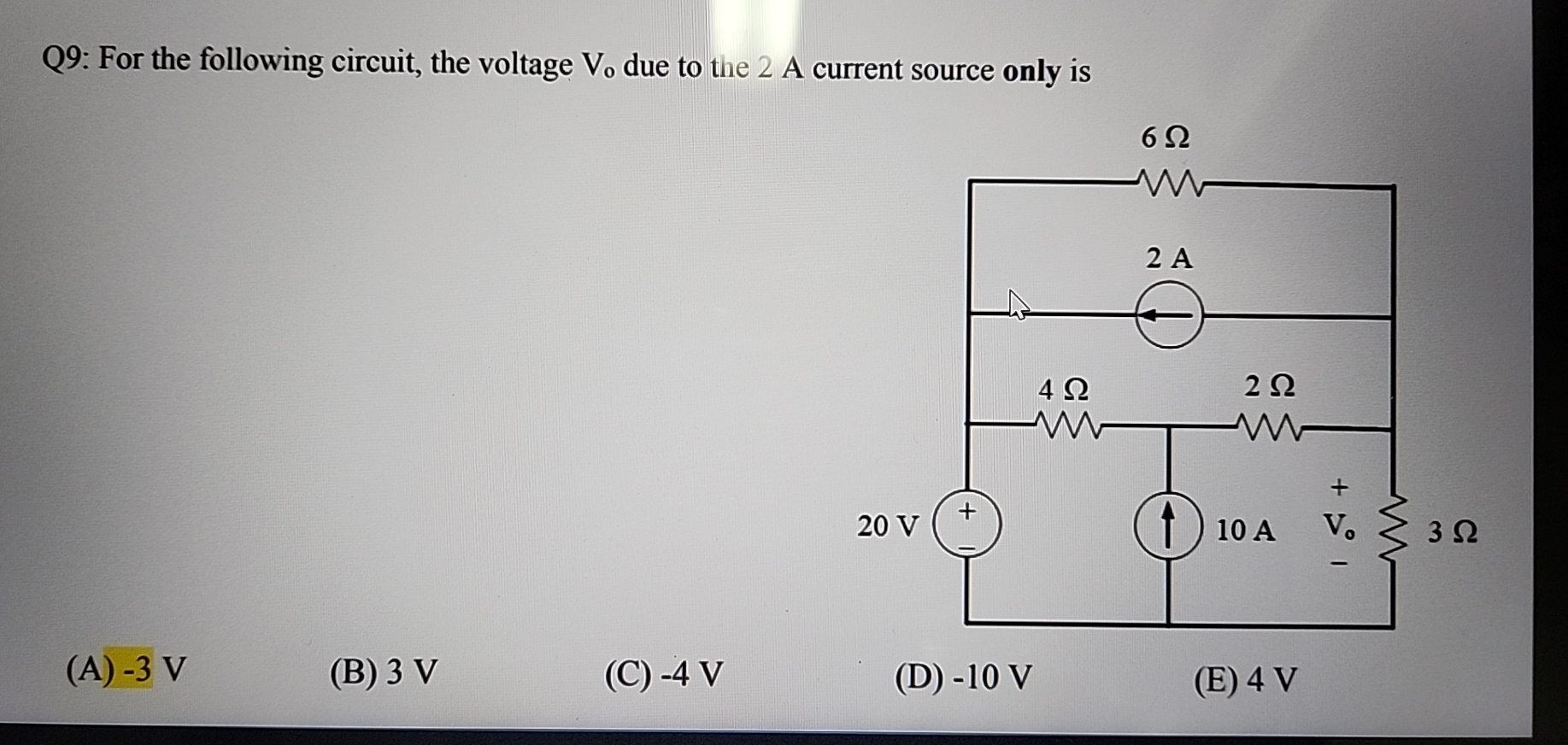 Solved Q9: For the following circuit, the voltage Vo ﻿due | Chegg.com