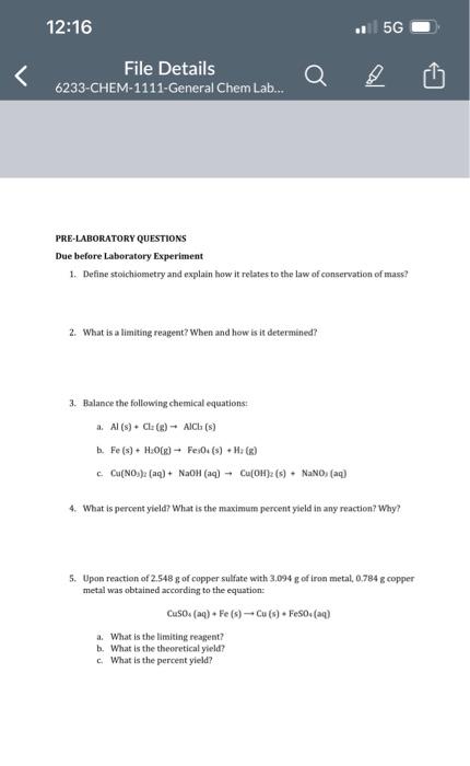 Solved PRE-LABORATORY QUESTIONS Due before Laboratory | Chegg.com