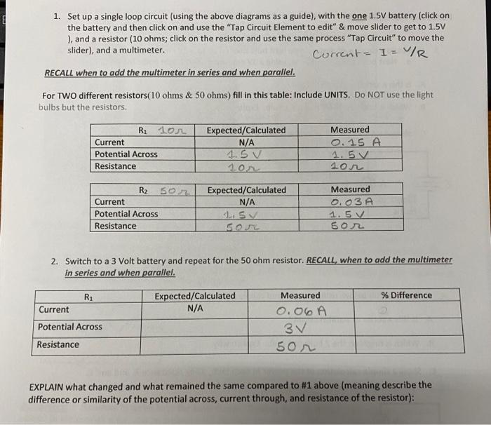 Solved 1. Set up a single loop circuit (using the above | Chegg.com