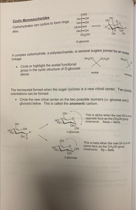 Cyclic Monosaccharides Carbohydrates can cyclize to | Chegg.com