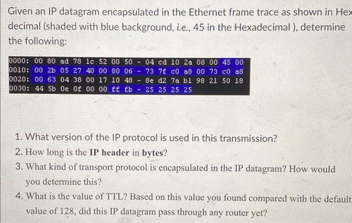 Solved Given an IP datagram encapsulated in the Ethernet | Chegg.com