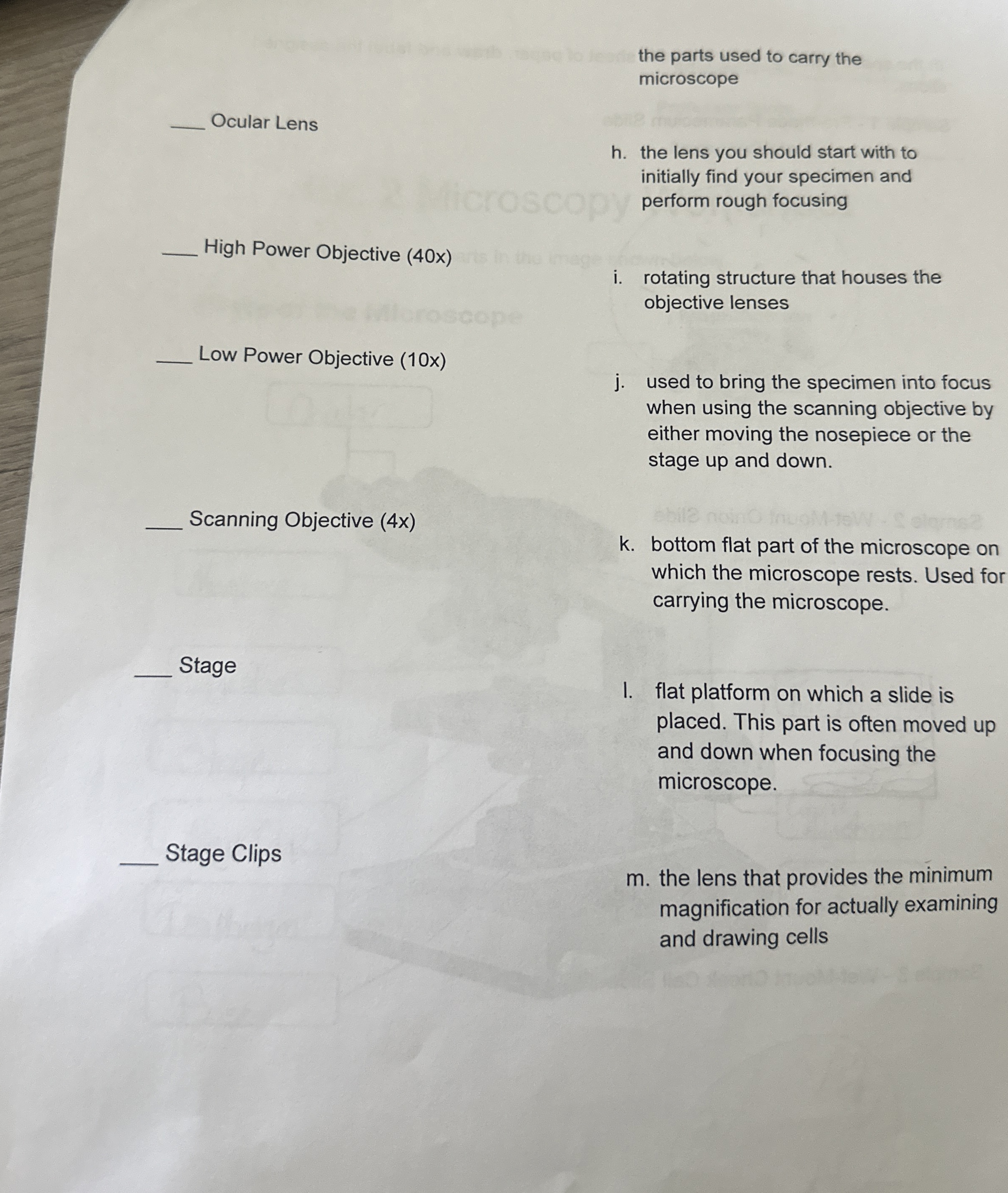 Solved Match the following microscope parts with their | Chegg.com