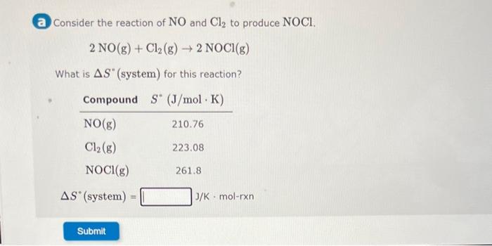 Solved Consider the reaction of NO and Cl2 to produce NOCl. | Chegg.com