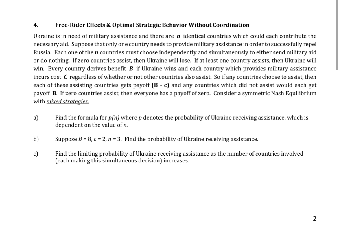 Solved Help please! Free-Rider Effects & Optimal Strategic | Chegg.com