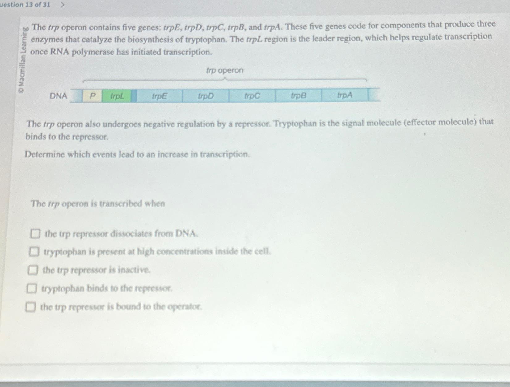 Solved The trp ﻿operon contains five genes: | Chegg.com