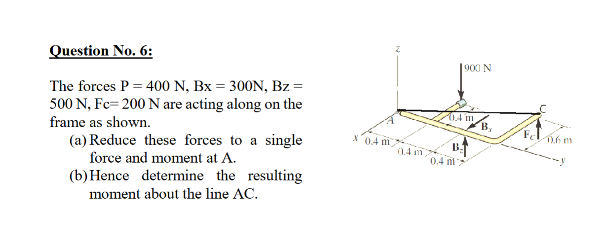 Solved The forces P=400N,Bx=300N,Bz=500N,Fc=200N ﻿are acting | Chegg.com