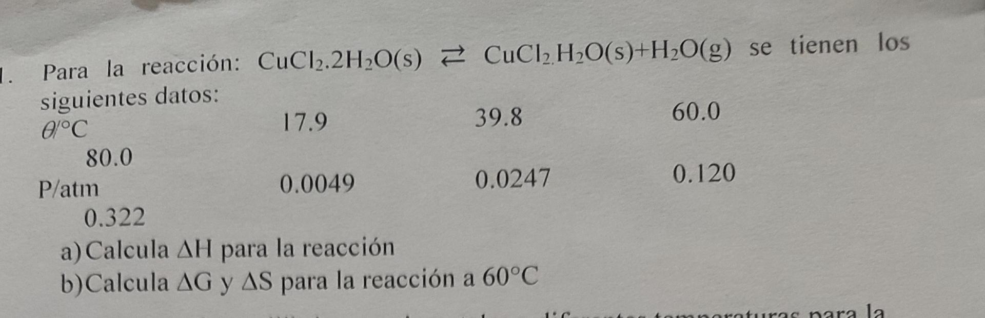 Solved Para la reacción: CuCl2.2H2O(s)⇄CuCl2H2O(s)+H2O(g) | Chegg.com