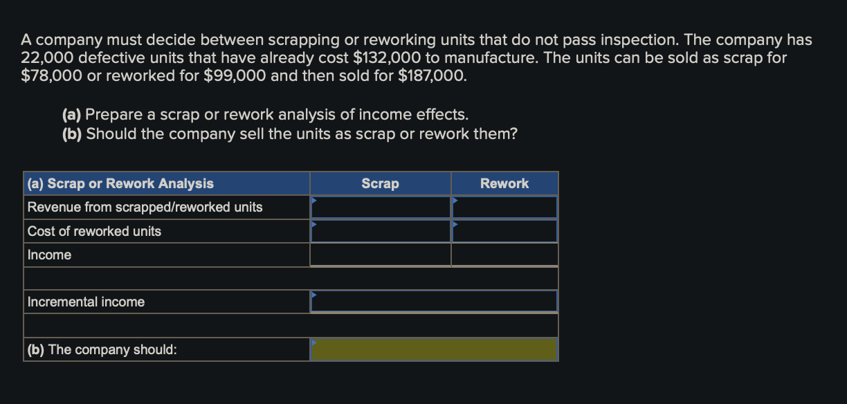 Solved A company must decide between scrapping or reworking | Chegg.com