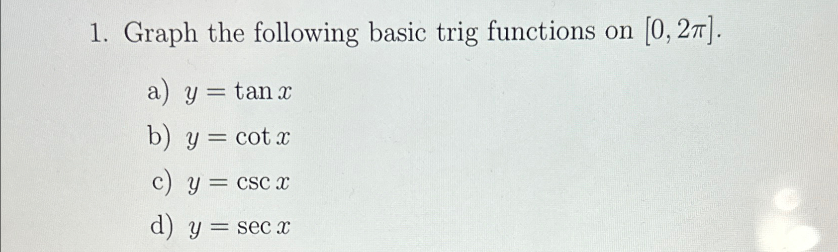 Solved Graph the following basic trig functions on | Chegg.com