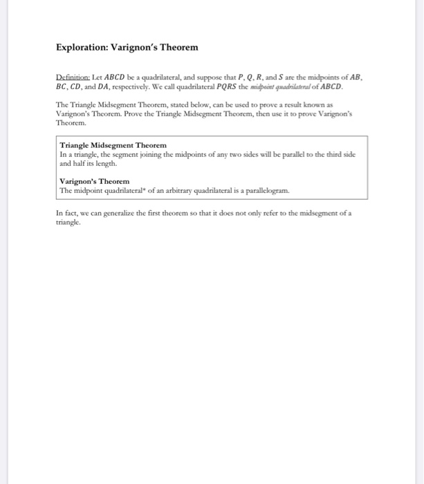 Solved Exploration: Varignon's Theorem Definition: Let ABCD | Chegg.com