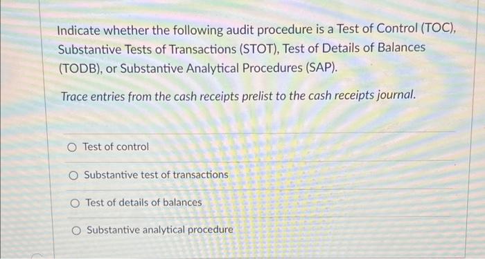 Solved Indicate whether the following audit procedure is a | Chegg.com