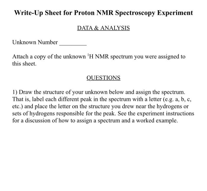 Solved Write-Up Sheet for Proton NMR Spectroscopy Experiment | Chegg.com