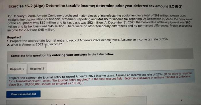 Solved Exercise 16-2 (Algo) Determine taxable income; | Chegg.com