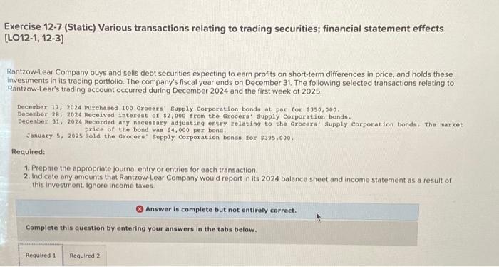 Solved Exercise 12-7 (Static) Various transactions relating | Chegg.com