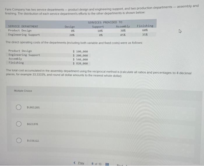 Solved Fans Company has two service departments - product | Chegg.com