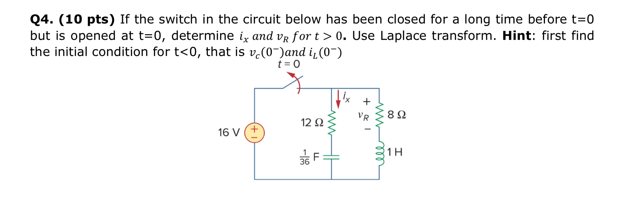 Solved Q4. (10 ﻿pts) ﻿If the switch in the circuit below has | Chegg.com